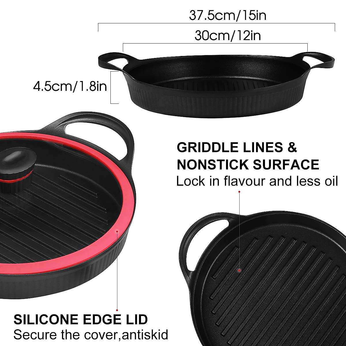 CAINFY Round Grill Pan with Lid, Nonstick Aluminum Stovetop Oven Griddle Grill Pan with Silicone Handles, 11.5 Inch, Dishwasher & Oven Safe