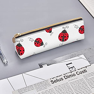 Ykklima Cute Red Ladybug Cartoon Pattern Leather Pencil Case Zipper Pen Makeup Cosmetic Holder Pouch Stationery Bag for School, Work, Office