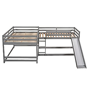 MERITLINE Quad Bunk Beds,Wood L-Shaped Bunk Beds with Slide and Ladder, 4 in1 Full and Twin Size Bunk Bed for Kids, Teens, Adults,Grey