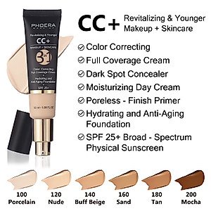 Air Cushion CC Cream Natural Foundation,PHOERA CC+ Cream Color Correcting Anti Aging Hydrating Serum &SPF 25+,PHOERA Face Primer, Kabuki Brush Foundation Brush Makeup Sponge(#02Natural CC +120 Nude)