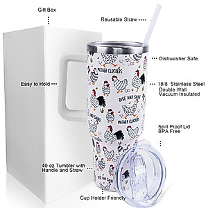 PERRIFIC 40 oz Tumbler with Handle and Straw Lid Leak Proof - Chicken and Rooster Design Coffee Travel Mug with Handle Insulated for Hot Cold Ice - Mother's Day Birthday Gifts for Women Mom Mother