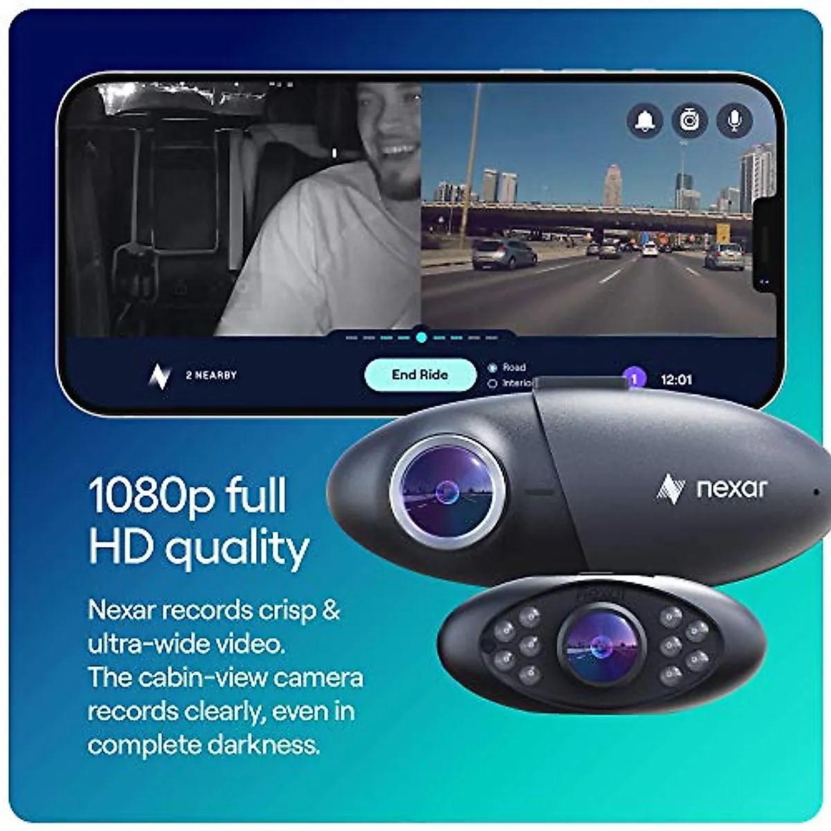 Nexar Pro Dual Dash Cam - HD Front Dash Cam and Interior Car Security Camera - Nexar Dash Cam Front and Cabin - Dual Dash Cam Parking Mode and WiFi - Dash Cams for Cars - Dash Cam for Truckers 64GB
