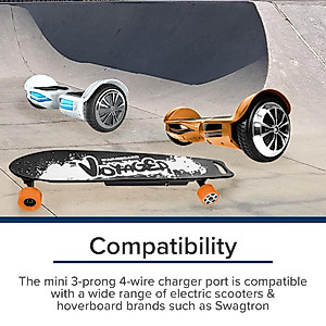 AlveyTech Mini 3-Prong 4-Wire Charger Port - Replacement Switch Harness for Gyroor Warrior G2, Swagtron Swagboard T1 Pro, T3, T5, T6 Outlaw, Original Swagway, Hoverboard, Scooter