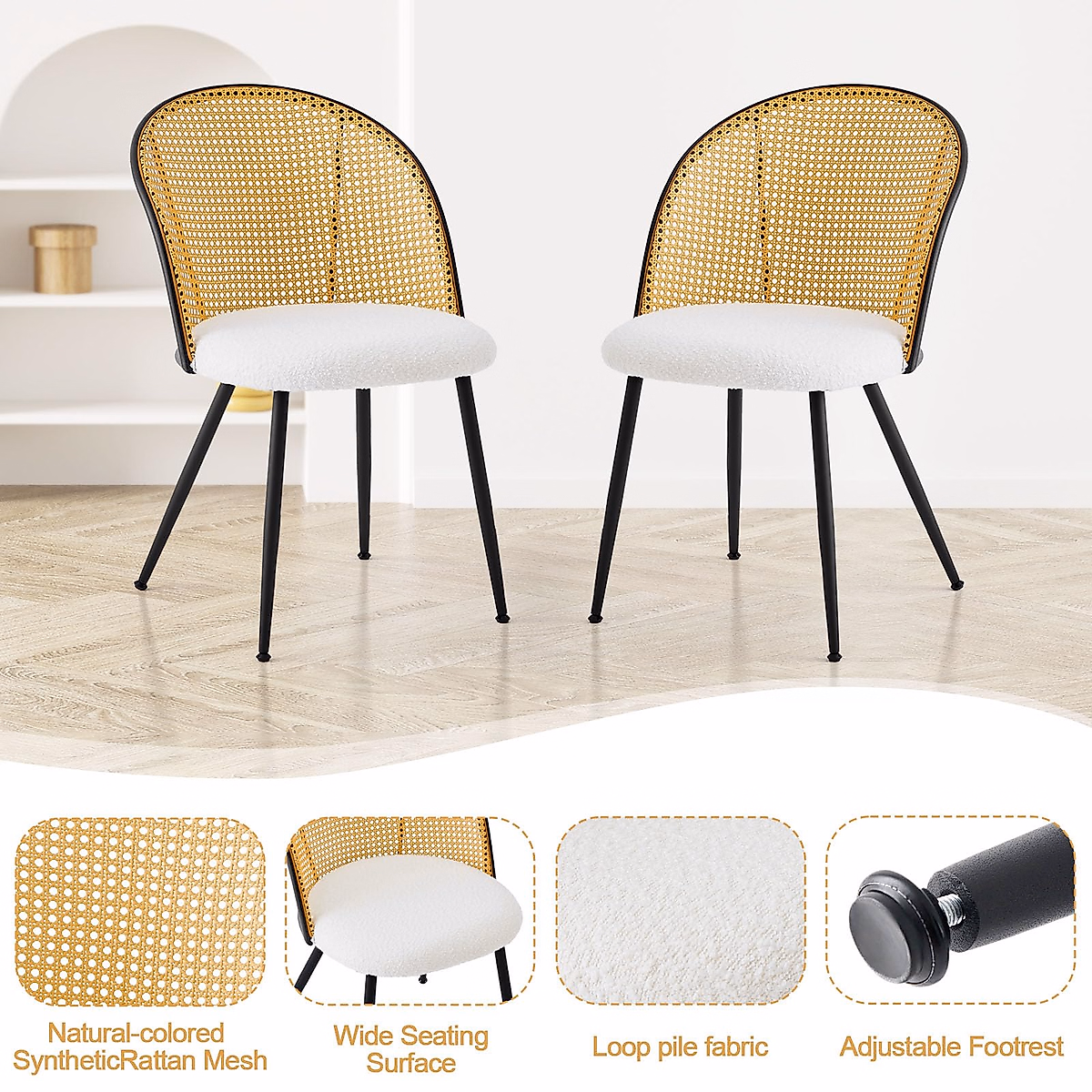 Bekrvio Rattan Dining Chairs Set of 2, Mid-Century Modern Kitchen Dining Room Chairs with Full Cane Backrest Armless Upholstered Farmhouse Boucle Dining Chairs with Metal Leqs for Dining Room, White
