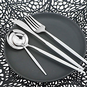 Uniturcky Mirror Silverware Set,24-Piece 304 Stainless Steel Shiny Flatware Set,Kitchen Utensil Set,Tableware Cutlery Set for Home and Restaurant, Dishwasher Safe Service For 6 (White Handle Silver)