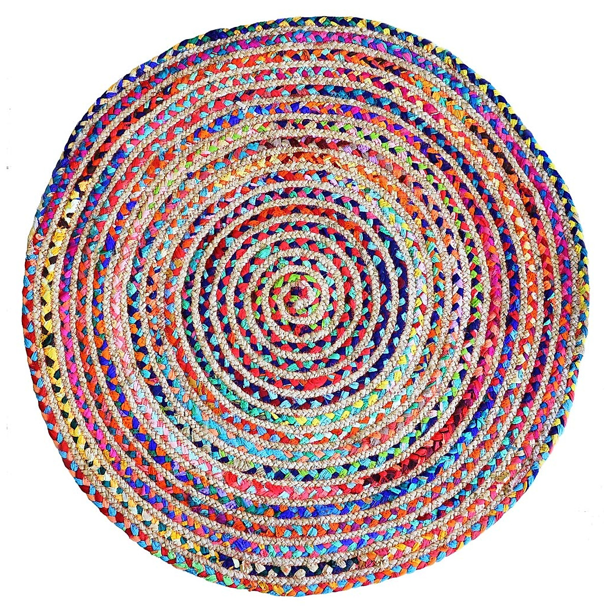 FRELISH DECOR Round Rug Area Rug, Jute & Cotton Multi Chindi Braid Rug, Hand Woven & Reversible- Handwoven from Multi-Color Vibrant Fabric Rugs Bohemian Colorful Rug (6 feet)