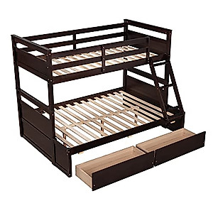 Merax Twin Over Full Bunk Bed with Storage Drawers and Safety Guardrail, Solid Wooden Loft Bed for Teens, Espresso