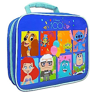 Disney 100 Lunch Box for Kids Set - Bundle with Disney Lunch Bag Featuring Ariel, Stitch, Buzz Lightyear, More Plus Stickers | Disney Lunch Box for Girls