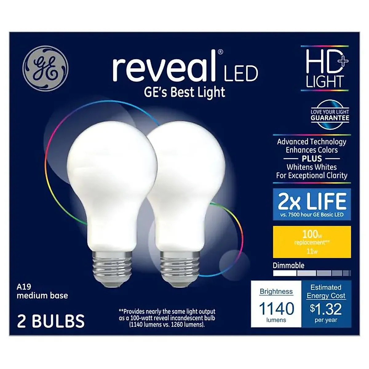 GE Reveal LED 100 watt Equivalent A19 Dimmable HD Light (2 Bulbs)