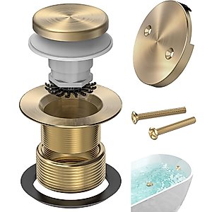 Sogmeter Brushed Gold Tub Drain Kit with Hair Catcher, Premium Brass Tip-Toe Bathroom Tub Drain Replacement and 2-Hole Overflow Faceplate, 11.5/16 UNC Bathtub Drain Stopper Assembly