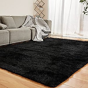 LFHHT Modern Indoor Fluffy Area Rug 5x7 Feet, Black Plush Fuzzy Shaggy Rugs for Living Room Bedroom Nursery Dorm Room Home Decor, Carpet Shag Rugs for Kids Girls Boys, Black