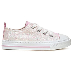Toandon Girls Kids Sneakers Glitter Sequins Canvas Shoes Toddler Child Glitter Sparkle Low Top Lace Up Non Slip Lightweight Walking Outdoor Pink Size 2