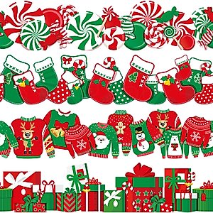63ft Christmas Decorations Borders Christmas Candy Peppermint Decor Stocking Ugly Sweater Straight Border Christmas Wall Classroom Bulletin Border Decoration for Winter Xmas Holiday Party Supplies