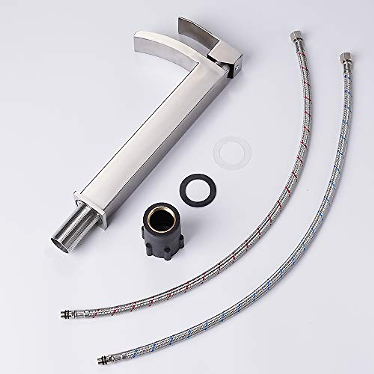 VCCUCINE Modern Vessel Sink Brushed Nickel Tall Waterfall Bathroom Faucet, Single Handle Mixer Vessel Sink Faucet with Pop Up Drain and Two 3/8" Hoses