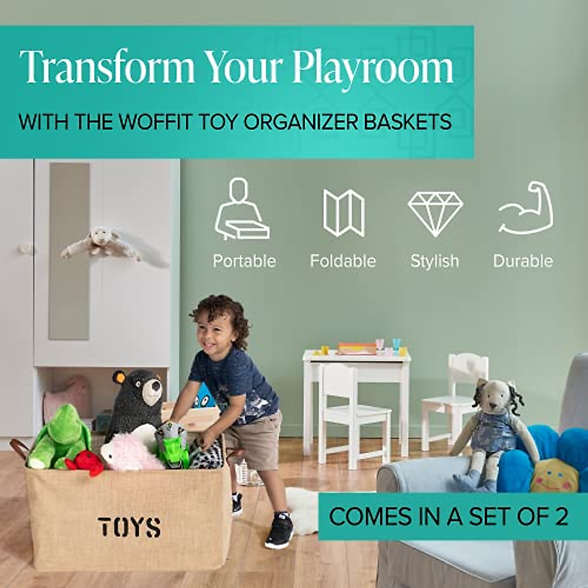 Woffit Set of 2 Toy Storage Organizer Baskets for Nursery, Playroom, Kids & Living Room, Etc, EXTRA LARGE Sturdy and Collapsible Tote Bins for Children & Dog Toys Great Chest Box for Boys & Girls