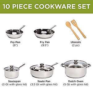 Ecolution Classic Stainless Steel Pots and Pans Set, Professional Quality, Encapsulated Base, Comfort Grip Riveted Handles, All Cooktop Safe, Oven Safe, Dishwasher Safe, 10-Piece