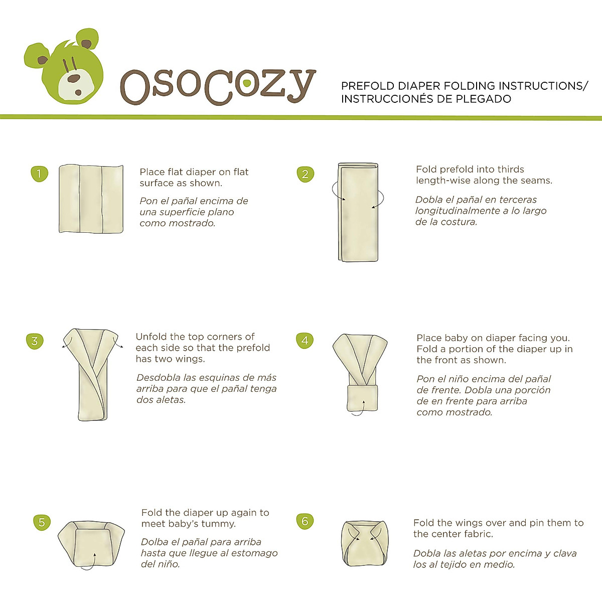 OsoCozy Prefolds Unbleached Cloth Baby Diapers, Size 1 (7-15 lbs), 6 Pack, Soft, Absorbent and Durable 100% Natural Cotton