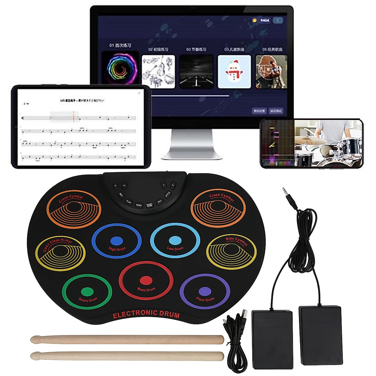 Electronic Drum Pad Electric Drum Set Kids Drum Roll up Practice Drum Pad Beginner Percussion Instrument(Colorful )
