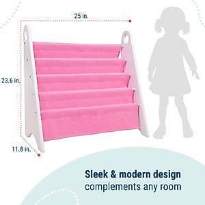 Wildkin Kids Modern Sling Bookshelf for Boys and Girls, Wooden Design Features Two Top Handles and Four Fabric Shelves, Helps Keep Bedrooms, Playrooms, and Classrooms Organized (White and Pink)
