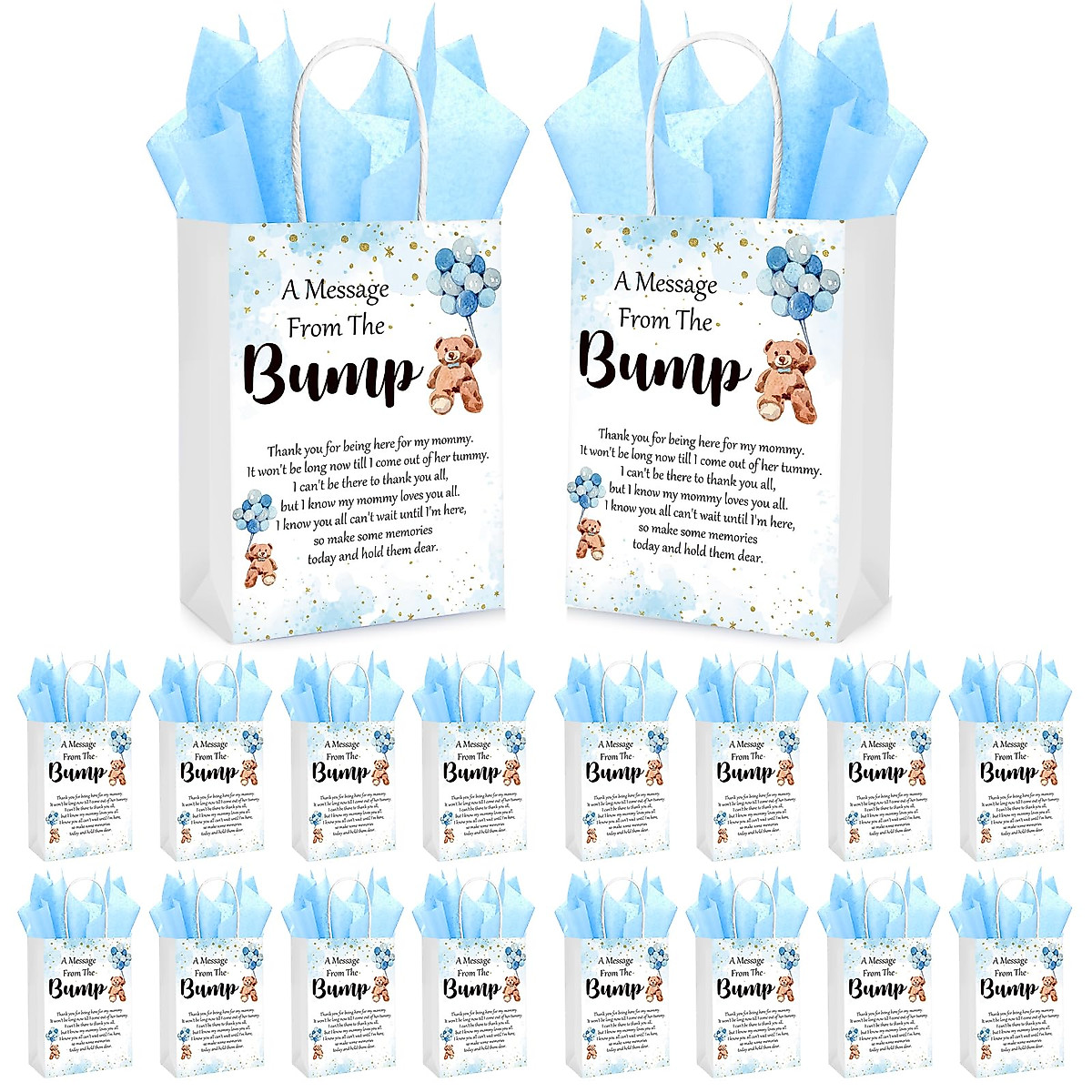 Resurhang 50 Sets Gift Bag for Baby Shower 50 Bear Baby Shower Goodie Bags Bear Paper Bag with Handles and Tissue Paper Baby Shower Party Favor Bags for Guests Gender Reveal Return Gift (Blue)