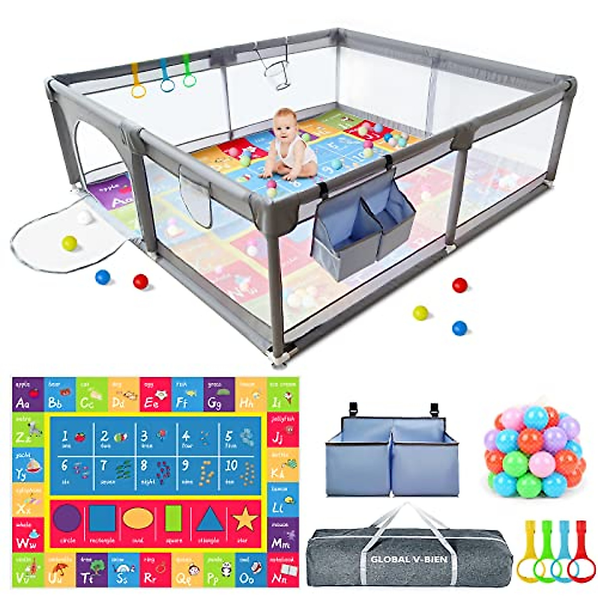Global V-Bien Baby Playpen, 79" X 71" Extra Large Baby Play Yards with Mat, Safety Play Pens for Babies and Toddlers, Indoor&Outdoor Baby Girl Fence Play Pin Area with Zipper Gate/Visible Mesh