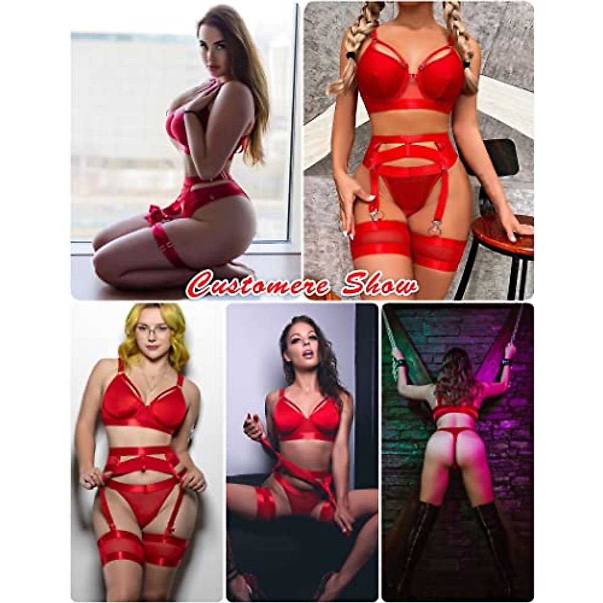 Avidlove Womens Lingerie Push Up Lingerie for Women Underwire Lingerie Set with Garter Belt(Red,XL)