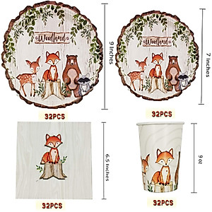 Woodland Creatures Party Supplies Baby Shower Decorations, Forest Animal Friends Theme Party Supplies, 32 Guests Dinner Plates, Dessert Plates,9 oz Cups and Napkins for Baby Shower and Birthday Party