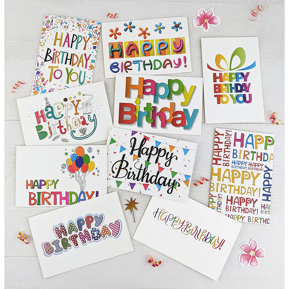 100 Happy Birthday Cards Bulk, Blank Inside with Envelopes and Stickers, – 20 Unique Bright Colorful Designs Notes, Large 5x7 Inches Folded, Thick Cardstock in a Sturdy Packaging