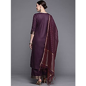 INDO ERA Indian Women's Magenta Cotton Blend Yoke Design Calf Length Straight Kurta Palazzo With Dupatta Set