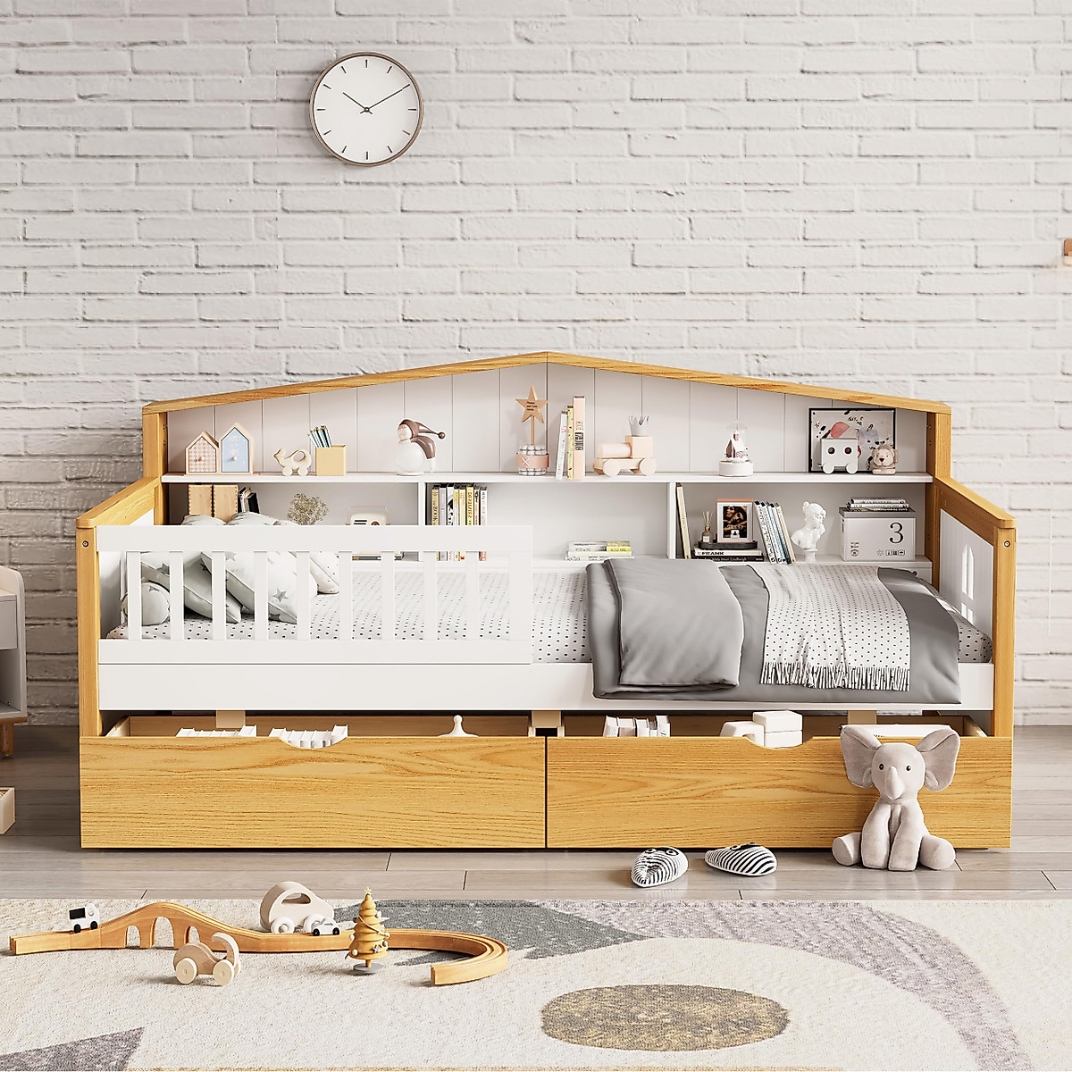 Wooden House Shape Daybed with Two Drawers and Bookcase Headboard,for Kids Girls Boys Teen Bedroom Use (Walnut/White@Drawers/, Twin)