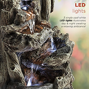Alpine Corporation 14" Tall Indoor/Outdoor Tiered Log Tabletop Fountain with LED Lights, Beige
