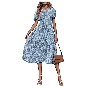 Floerns Women's Casual Floral Print Crewneck Short Sleeve A Line Boho Maxi Dress Blue M