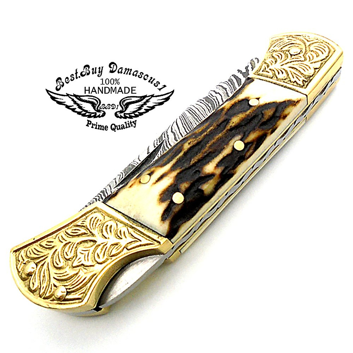 Best.Buy.Damascus1 Damascus pocket knife, Folding knife, Pocket Knife For Men, Knife Set with knife sharpeners Premium Quality gifts for men (antlers Scrimshaw)