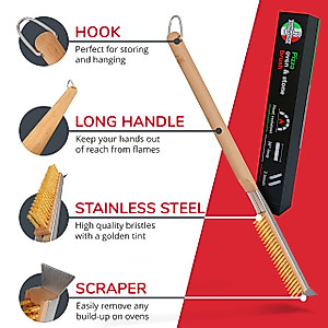 Senwosa 26” Pizza Oven Brush with Stone Scraper - Heat Resistant Stainless Steel Bristles, Extra Long Handle - Compatible with Ooni Ovens - Includes Spare Head