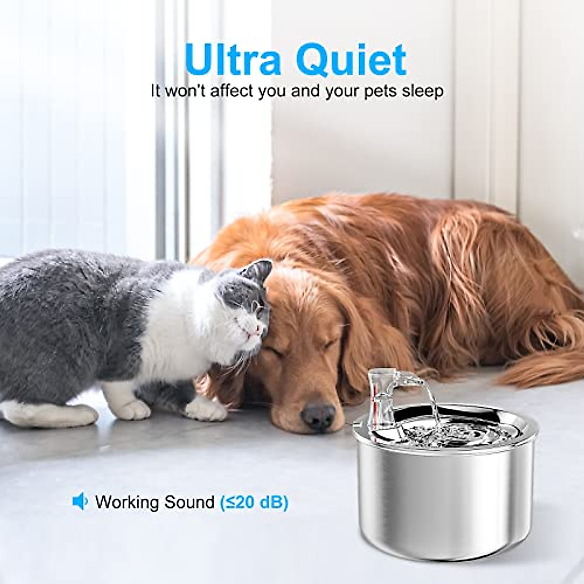 Heroange Cat Water Fountain Stainless Steel, 68oz/2L Ultra Quiet Pet Water Fountain for Cats Inside, Automatic Pet Drinking Fountain with Filters, Dog Water Dispenser Bowl Dishwasher Safe