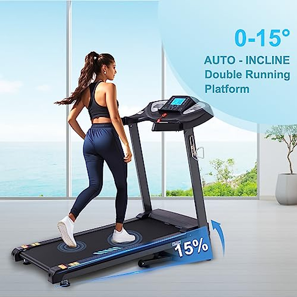 HUAGEED Treadmill for Home with 15% Auto Incline, 0.5-10 MPH Speed, Foldable Treadmills with APP, Speaker, 18" Wide Belt, 15 Programs, Smart Running Machine for Apartment Walking and Jogging, 2.5HP