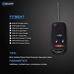 ECCPP Replacement fit for 4 Buttons Uncut Keyless Entry Remote Control Car Key Fob Shell Case 08-12 Cruiser for Jeep for Patriot for Dodge for Caliber Series 5183349c (Pack of 1)