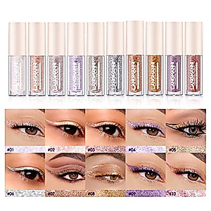 LANGMANNI 10Pcs Liquid Glitter Eyeshadow Korean Makeup Set, Shimmer,Pigmented,Long Lasting,Quick Drying,Easy to Apply Crystals Glitter Eyeshadow (10pcs Set)