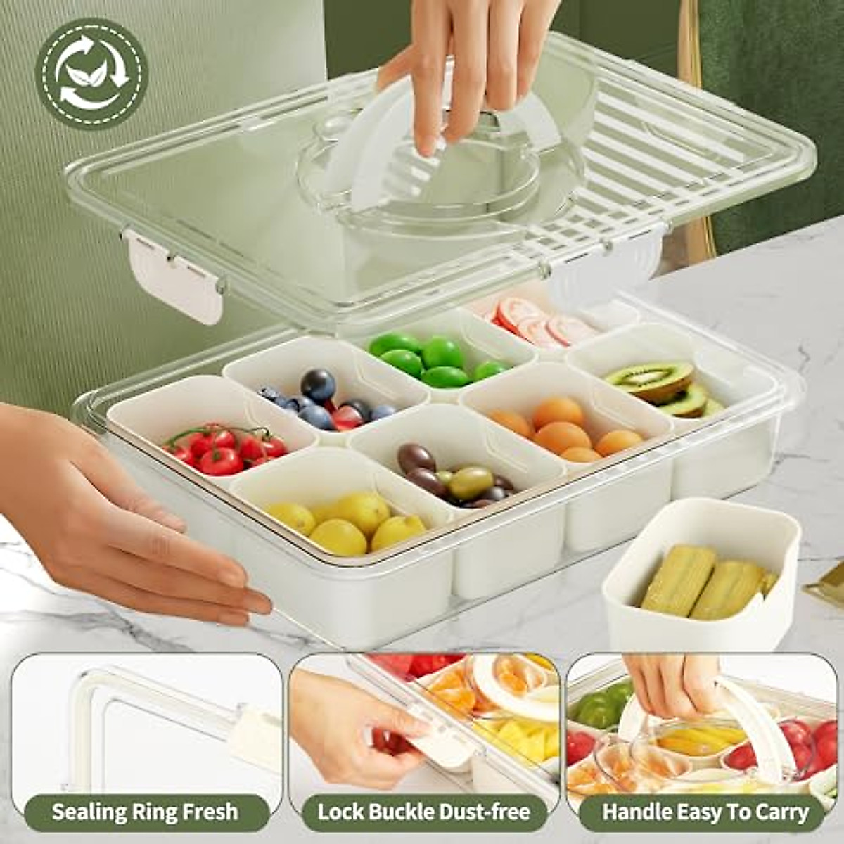 Snackle Box Container, Divided Serving Tray with Lid and Handle, 8 Compartments Serving Platters and 10 Stainless Steel Forks, Perfect for Organizing and Storing Candy, Fruits, Nuts, Snacks
