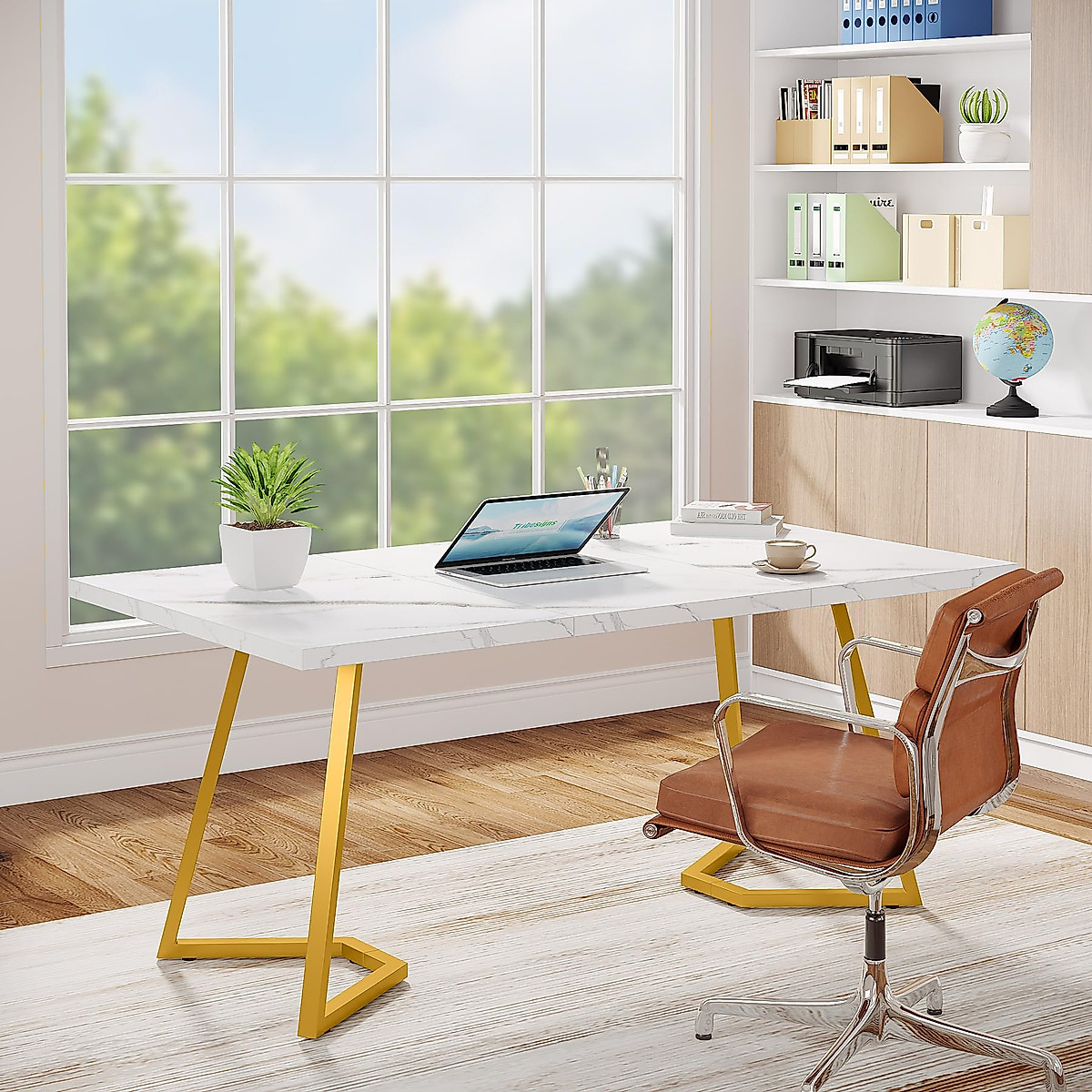Tribesigns Modern Gold Computer Desk: 55 Inches White and Gold Home Office Desk with Metal Legs, Faux Marble Study Writing Table for Small Spaces, Simple Desk for Bedroom