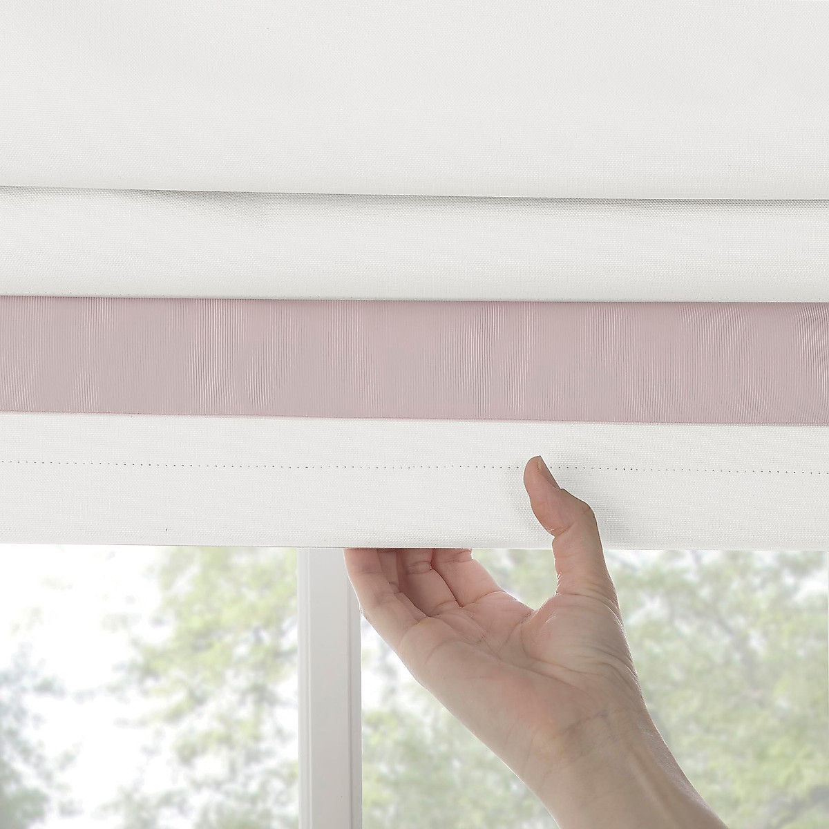 Sun Zero Marline Pink Ribbon Border Stripe 100% Blackout Cordless Roman Shade, 35" x 64", Pink/White