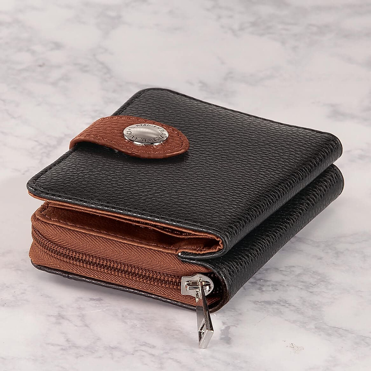 Fox Valley Traders B.AmiciTM Caryn RFID Zip-Around Leather Wallet, Black/Tan