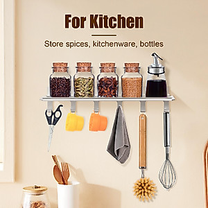 AOQIYU Floating Shelf with Hooks, Portable Storage Shelves for Bathroom, Kitchen, Living Room & Bedroom, Adhesive Small Wall Shelves, Bathroom Shower Organizer(Silver, W4.3xL13)