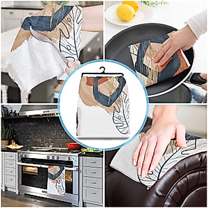 Kitchen Towels Dish Towel Set of 3,Abstract Geometric Mid Century Tropical Leaf Absorbent Hand Towels Cleaning Dishcloth Tea Towels,Terracotta Color Block Minimalist Reusable Drying Dish Cloths