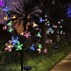 Anordsem Solar Light Outdoor Decorative, Solar Garden Decorative Lights with Auto ON-Off, Multi-Color Changing Tree Shape Cherry Bulb for Yard Patio Lawn Garden Decorations 2-Pack
