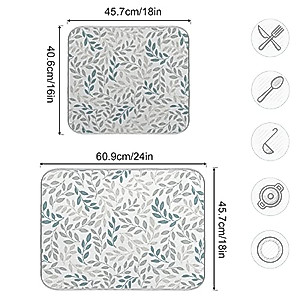 Grey and Blue Leaves branches Dish Drying Mat 16x18 for Kitchen Gray Leaves Botanical Spring Flowers Dishes Pad Dish Drainer Rack Mats Absorbent Fast Dry Kitchen Accessories