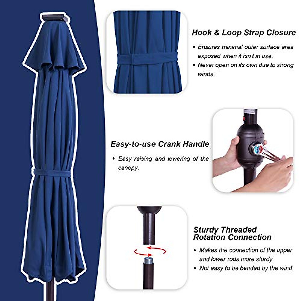 Sundale Outdoor 9 Feet Solar Powered 32 LED Lighted Patio Umbrella Table Market Umbrella with Crank and Push Button Tilt for Garden, Deck, Backyard, Pool, 8 Steel Ribs, (Navy)