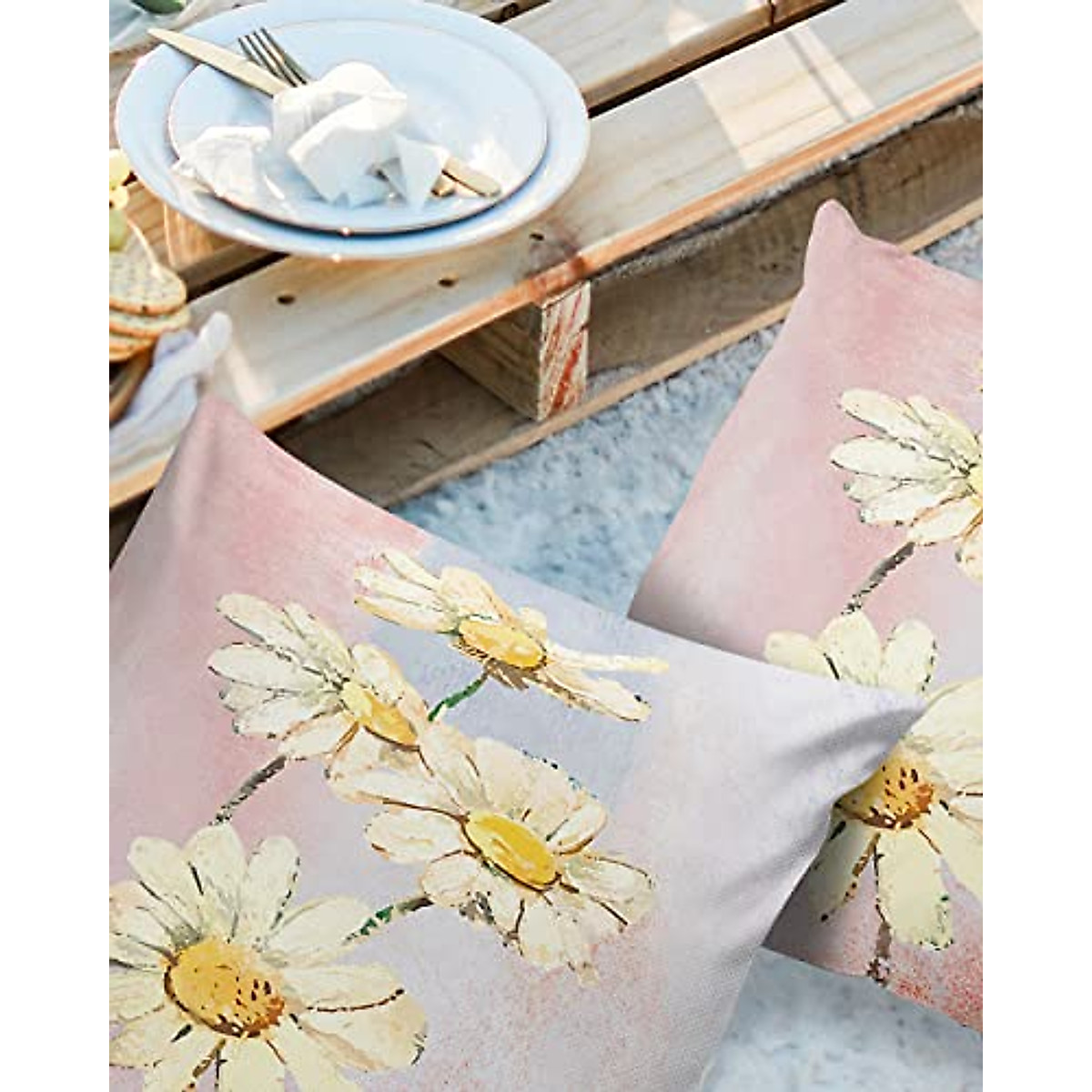 Outdoor Waterproof Throw Pillow Covers Daisy Flower Lumbar Pillowcases Oil Painting Abstract Decorative Outdoor Pillows Cushion Case Patio Pillows for Sofa Couch Bed Garden 16 x 16 Inches