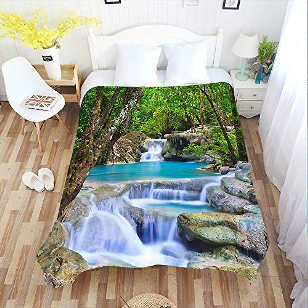 Beabes Waterfall Throw Blanket Deep Forest Green Trees Waterfall Flowing River Spring Nature Scene Cosy Throw Blanket Flannel Fleece for Bedroom Sofa Couch Car Deck Chair 60x80 Inch