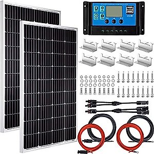 Pikasola 200 Watt 12/24V Solar Panel Kit for RV Boat Home: 2pcs 100W Monocrystalline Solar Panel Grade A + 12/24V Solar Charge Controller + 16ft &10ft Solar Cable + Z-Brackets